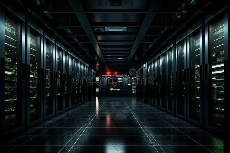 Dark Server Room with Glowing Computer Equipment Stock Photo - Image of ...