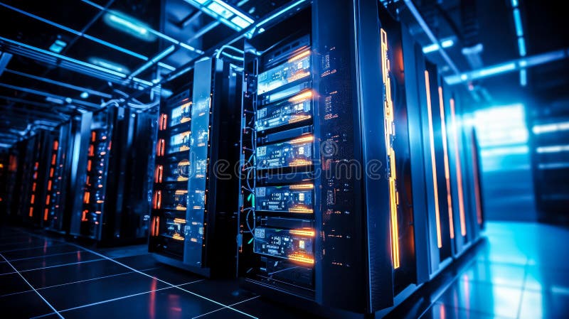Dark Server Room with Glowing Lights Stock Illustration - Illustration ...