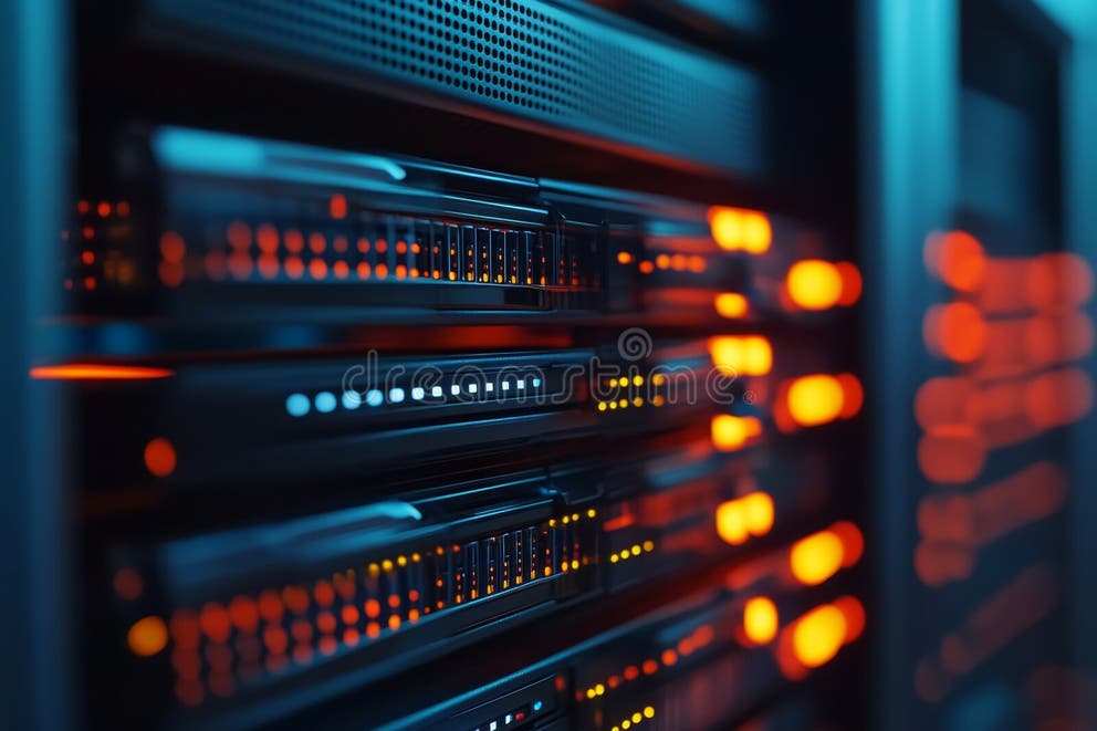 Dark Server Room Illuminated by Orange and Blue Lights Showcasing High ...