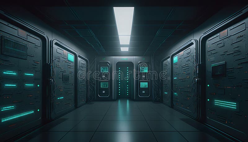Dark Server Room Interior with Bright Glowing Lights. Generative AI ...