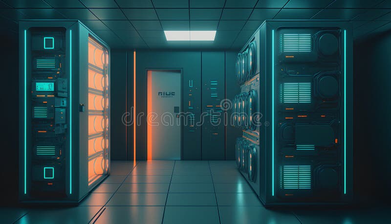 Dark Server Room Interior with Hard Drives and Neon Lights. 3D ...