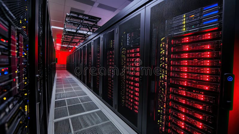 Dark Server Room Interior with Illuminated Racks and Red Lighting Stock ...