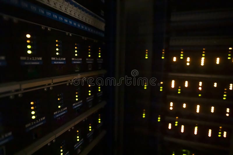 Dark Server Room with LED Lights. Central Computer Technology Room of a ...