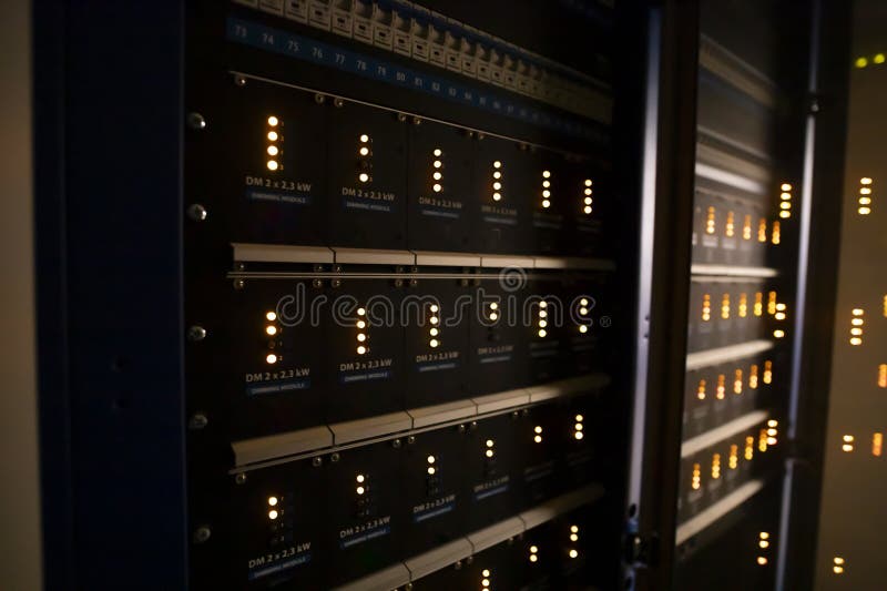 Dark Server Room with LED Lights. Central Computer Technology Room of a ...
