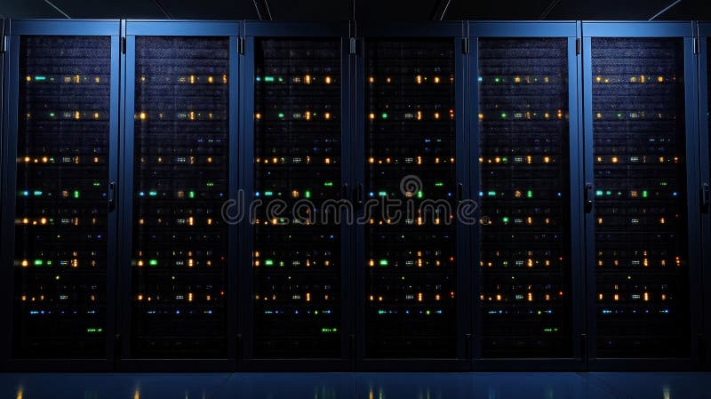 Dark Server Room with Many Server Racks. Rows of Server Cabinets Light ...
