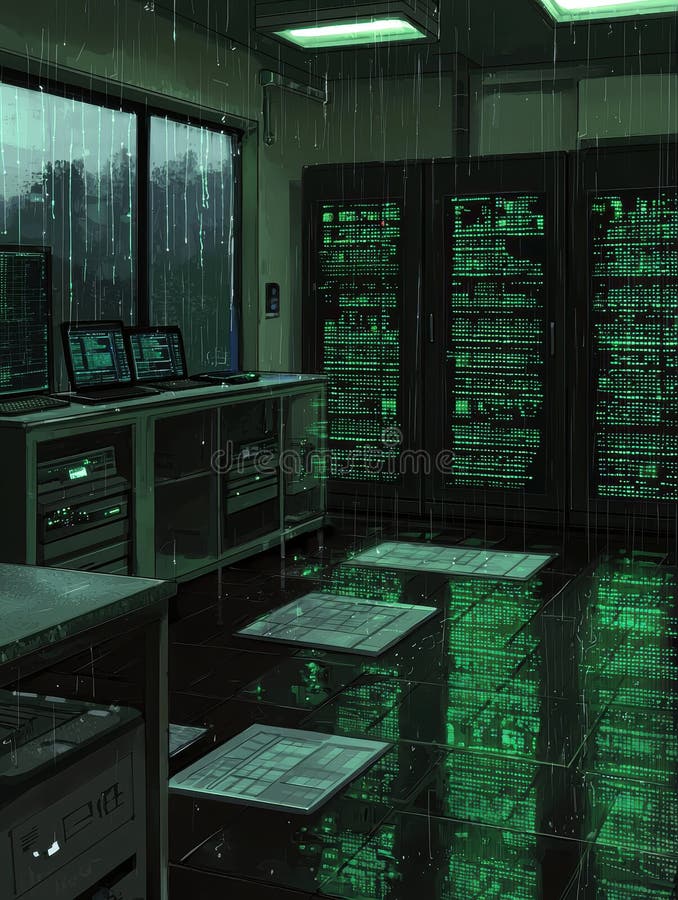 Dark Server Room with Rain and Glowing Green Data Screens Stock Image ...
