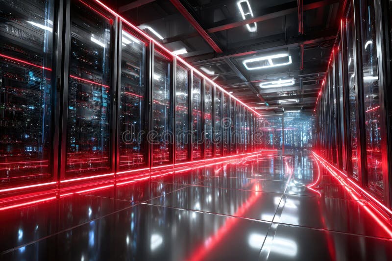Dark Server Room with Red Neon Lights Stock Image - Image of corridor ...