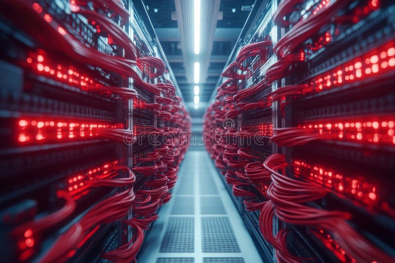 Dark Server Room with Rows of Glowing Red LED Lights Representing High ...
