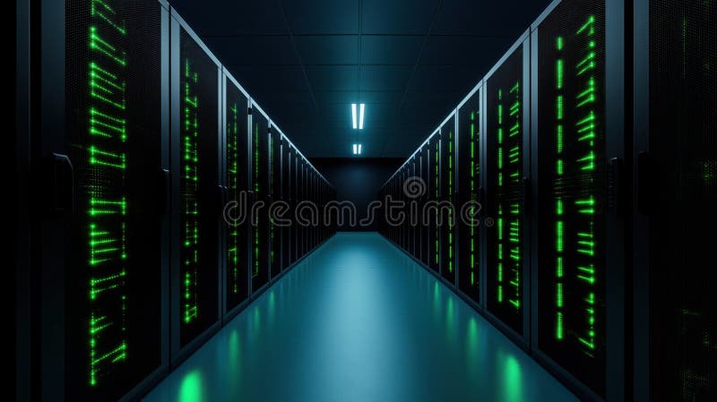 Dark Server Room. Rows of Server Racks. Glowing Green Lights in Racks ...
