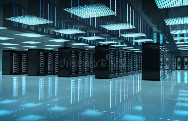Dark Servers Data Center Room with Computers and Storage Systems Blue ...