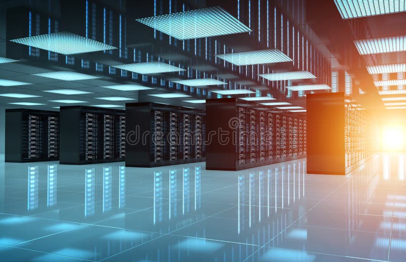Dark Servers Data Center Room with Bright Halo Light through the ...