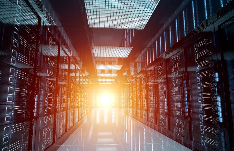 Dark Servers Data Center Room with Bright Halo Light through the Corridor 3D Rendering Stock ...
