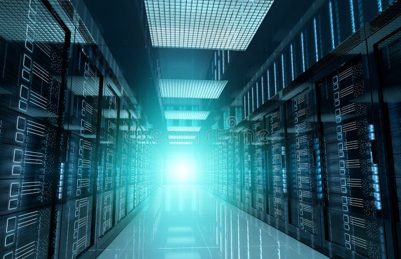 Dark Servers Data Center Room with Bright Halo Light through the ...