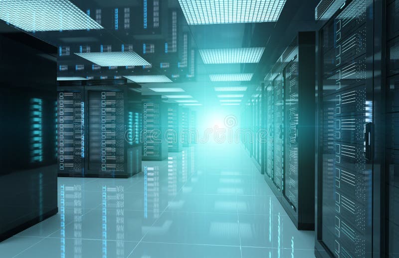 Dark Servers Data Center Room with Bright Halo Light through the ...