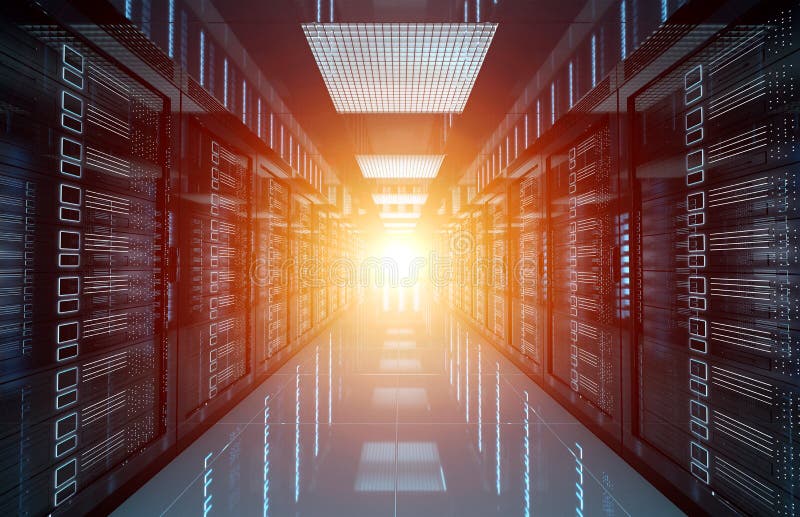 Dark Servers Data Center Room with Bright Halo Light through the ...