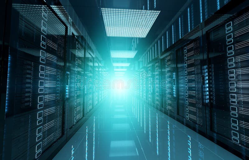 Dark Servers Data Center Room with Bright Halo Light through the ...