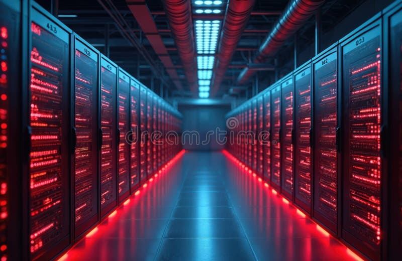 Dark Servers Data Center Room with Computers Aligned in Row ...