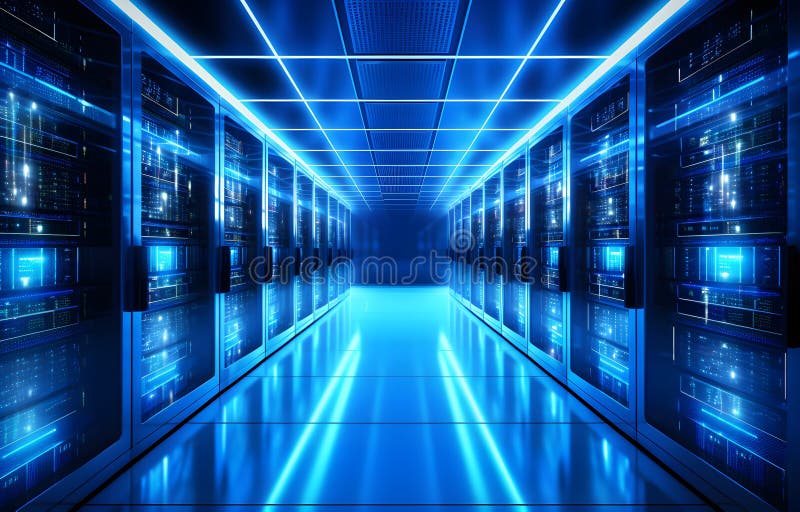 Dark Servers Data Center Room with Computers and Storage Systems and ...