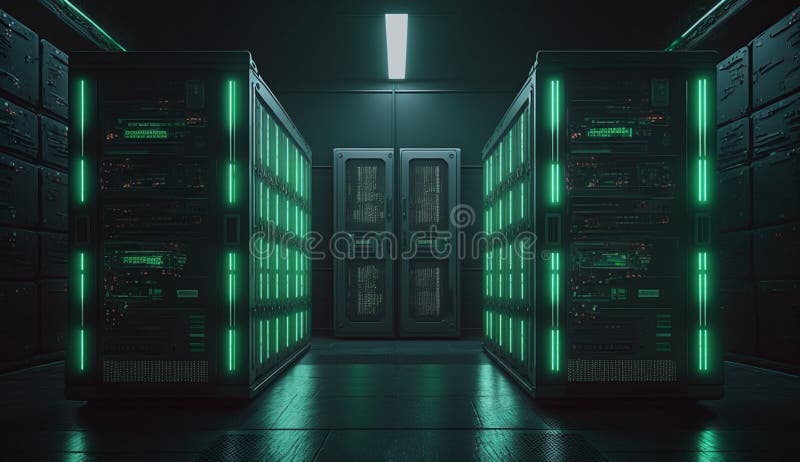 Dark Servers Data Center Room with Computers and Storage Systems Blue ...