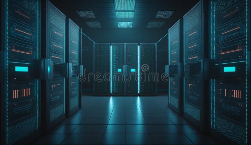 Dark Servers Data Center Room with Computers and Storage Systems Blue ...