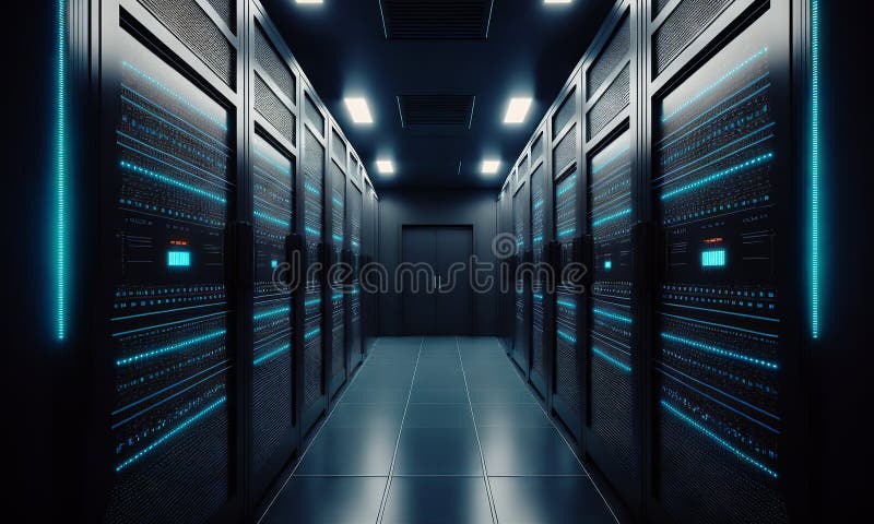 Dark Servers Data Center Room with Computers. Storage Systems Corridor ...
