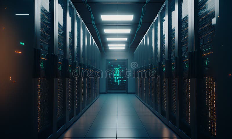 Dark Servers Data Center Room with Computers. Storage Systems Corridor ...