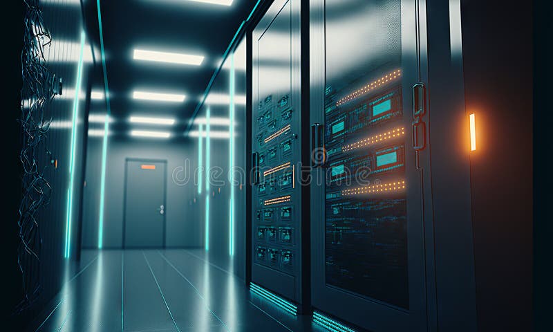 Dark Servers Data Center Room with Computers. Storage Systems Corridor ...