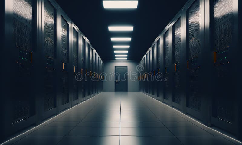 Dark Servers Data Center Room with Computers. Storage Systems Corridor ...