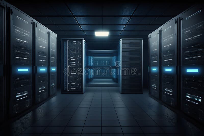 Dark Servers Data Center Room with Computers and Storage Systems and ...