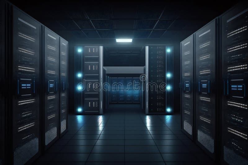 Dark Servers Data Center Room with Computers and Storage Systems and ...