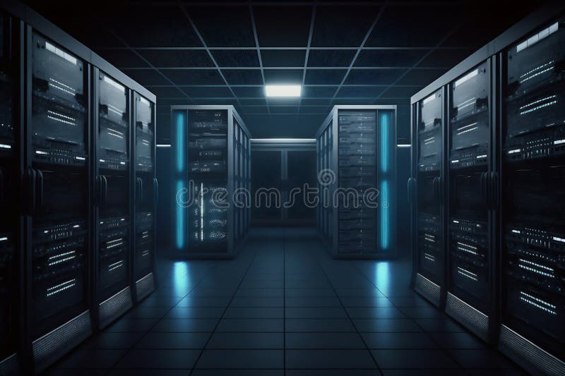 Dark Servers Data Center Room with Computers and Storage Systems and ...