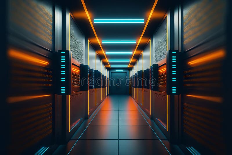 Dark Servers Data Center Room with Computers and Storage Systems and ...