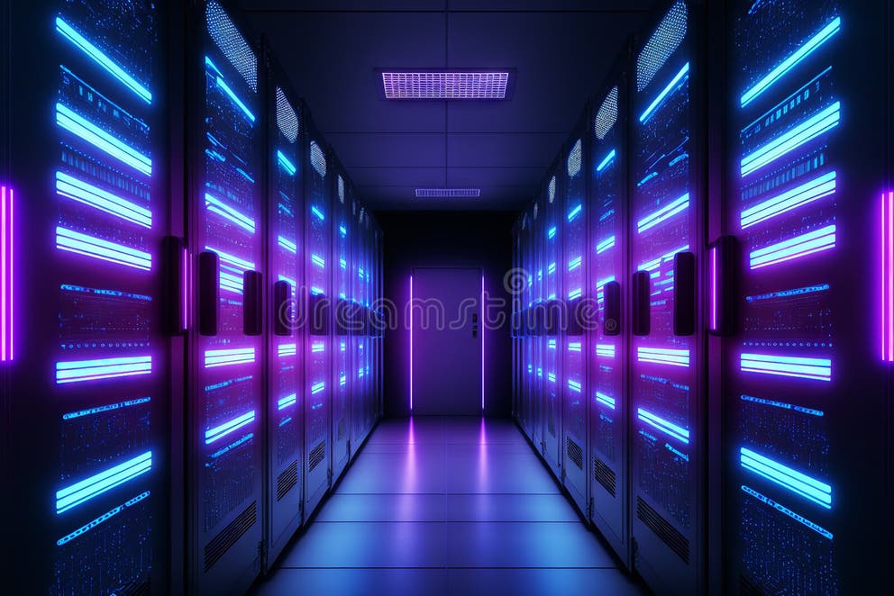 Dark Servers Data Center Room with Computers and Storage Systems and ...