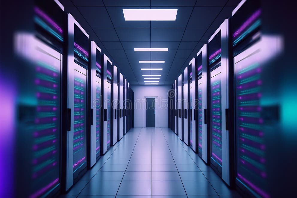 Dark Servers Data Center Room with Computers and Storage Systems and ...