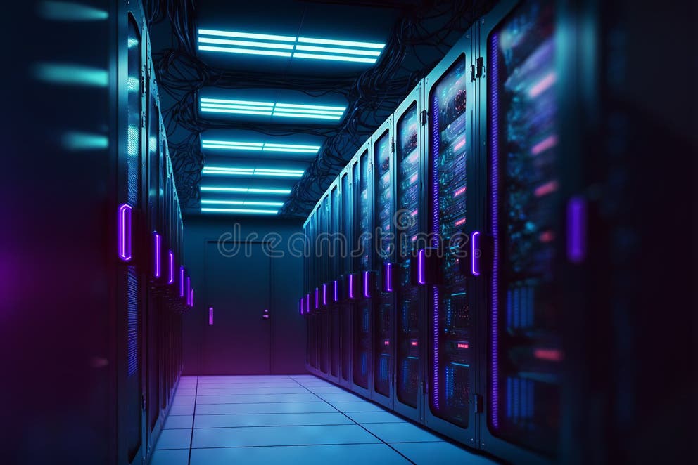 Dark Servers Data Center Room with Computers and Storage Systems and ...