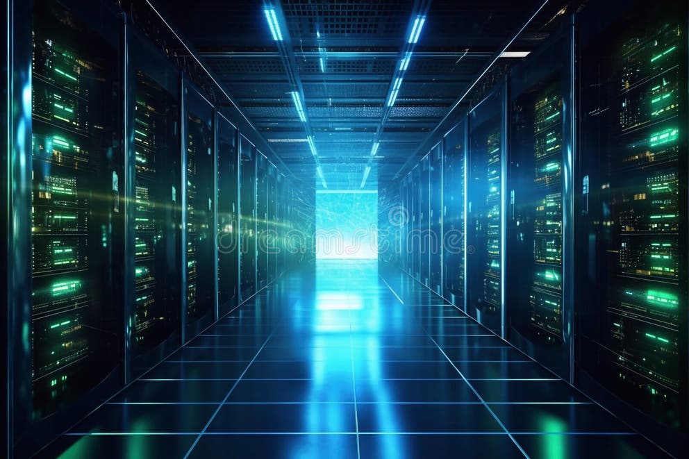 Dark Servers Data Center Room with Storage Systems and Digital Graphs ...