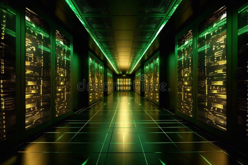 Dark Servers Data Center Room with Storage Systems and Digital Graphs and Charts 3D Rendering ...