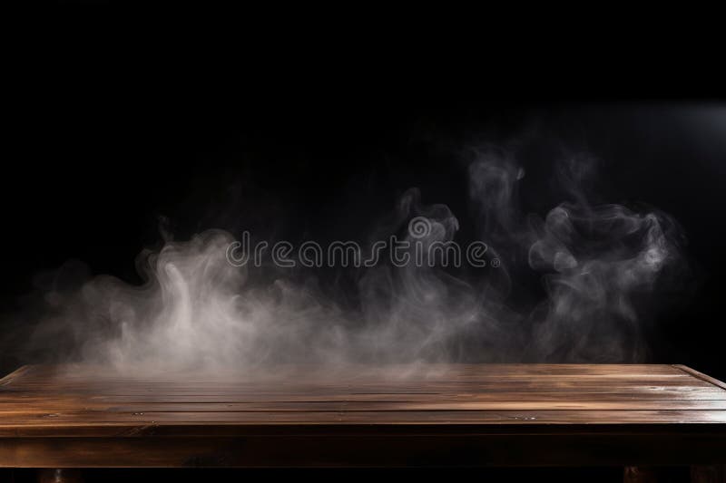 A Dark Setting Emphasizes an Empty Wooden Table with Subtle Smoke ...
