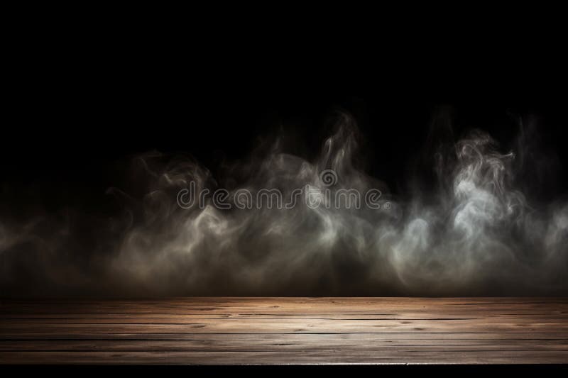 A Dark Setting Emphasizes an Empty Wooden Table with Subtle Smoke ...