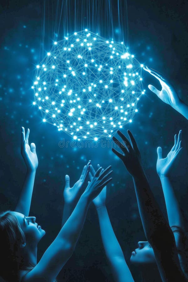 Two Women Reaching Out To a Glowing, Interconnected Network of Light in ...