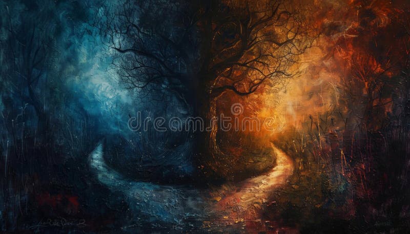 Dark, Shadowy Path Splitting into Two, One Side Bright and Inviting ...