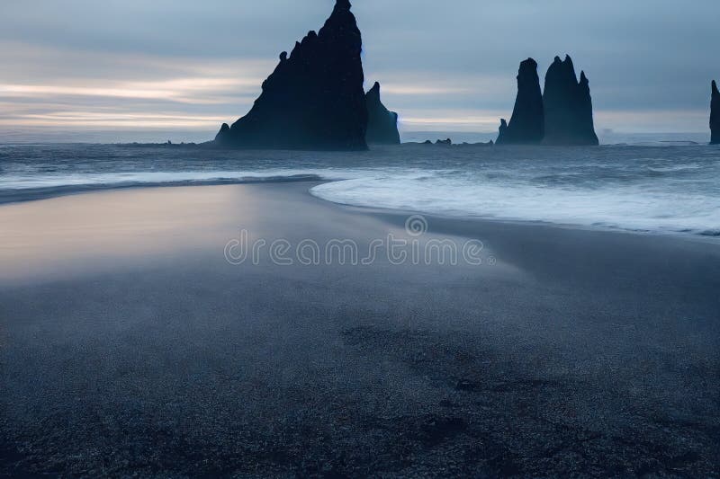 Dark Sharp Rocks Protrude from Water on Iceland Beach Stock ...
