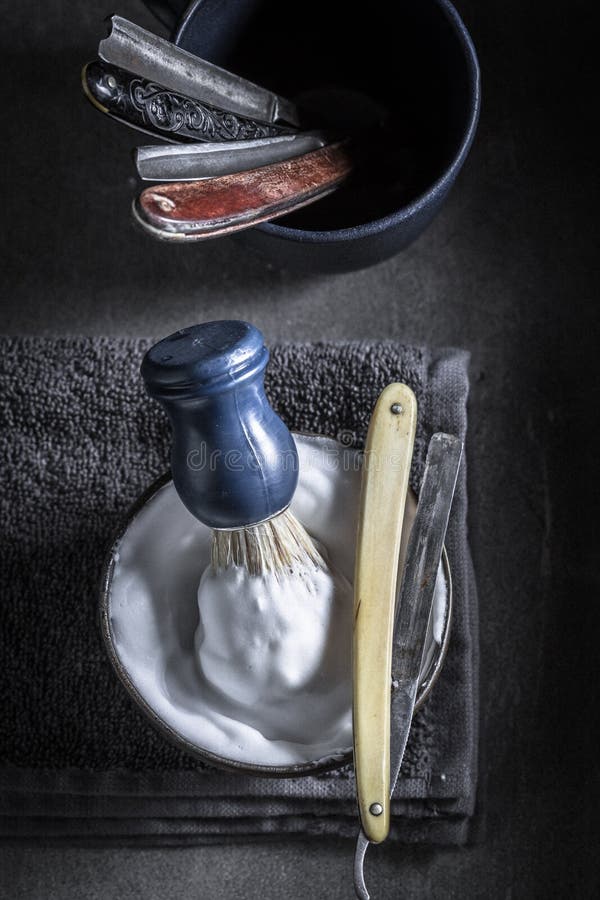 Dark Shaving Set with Foam, Old Razor and Brush Stock Image - Image of ...