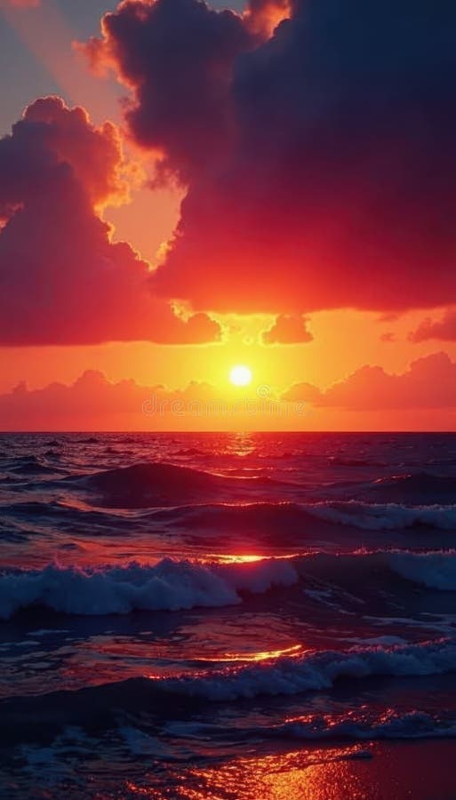 Dark Silhouette Against Vibrant Sunset Sky, Ocean Waves, Sunset ...