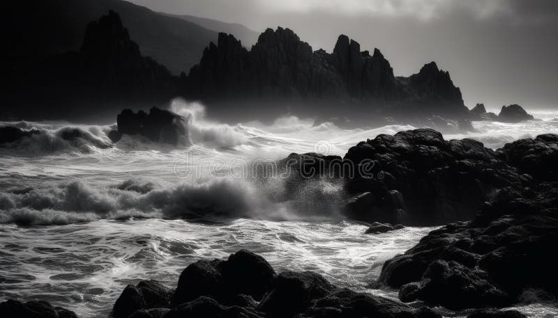The Dark Silhouette of a Cliff Against a Monochrome Seascape Generated ...