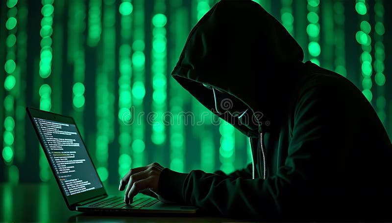 Dark Silhouette, Hooded Figure, Computer Hacker, Green Glowing Matrix ...