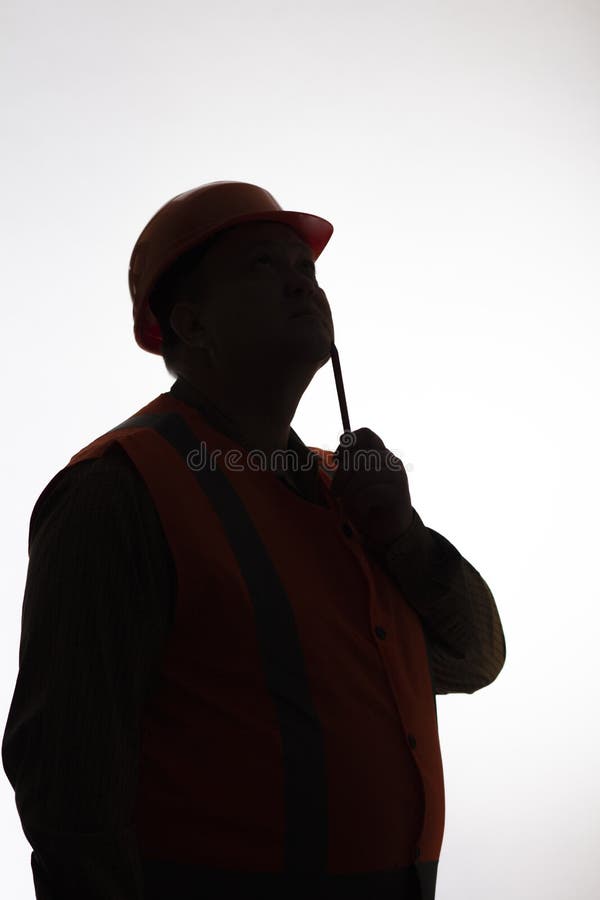 Silhouette of Stout Man in Hard Hat on White Isolated Background ...