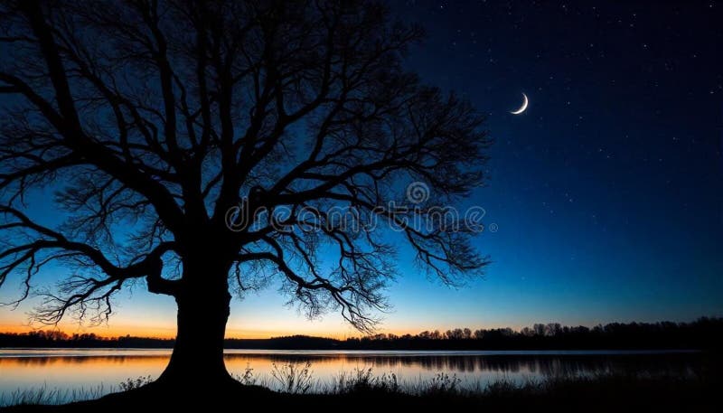 A Dark Silhouetted Tree Against a Starry Night Sky with a Crescent Moon ...
