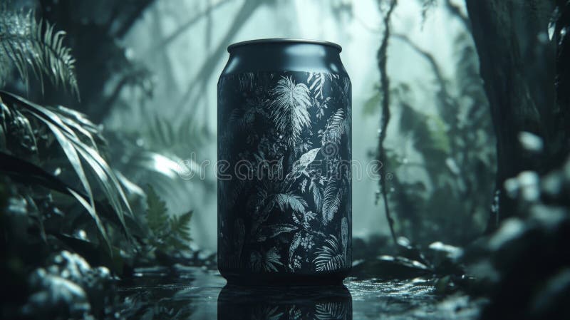 Dark Silver Can with Decorative Leaf Pattern in Moody Tropical Jungle ...