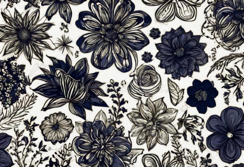 Dark Sketchy Flowers White BLUE Background Design Backdrop Doodle ...